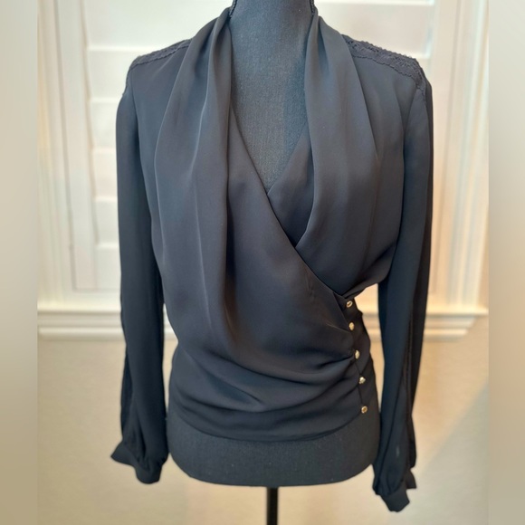 bebe | Tops | Bebe Black Blouse Lace Sleeve Accent Wrap Style With Side ...